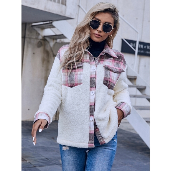SHEIN | Jackets & Coats | Pink Plaid Teddy Shirt Jacket Nwot | Poshmark